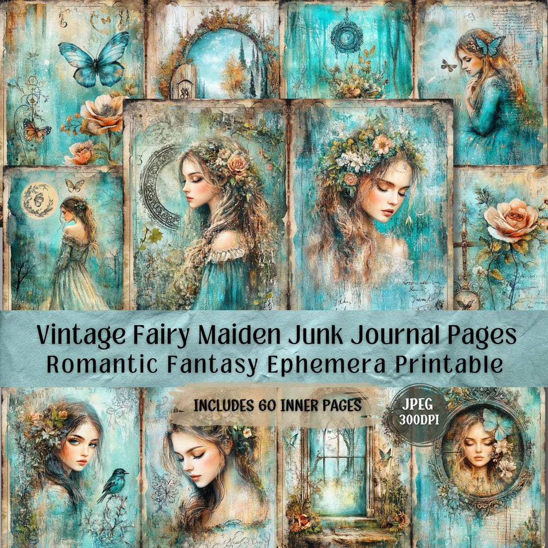 Vintage Fairy Maiden Junk Journal Pages | Teal Woodland Girl With ...