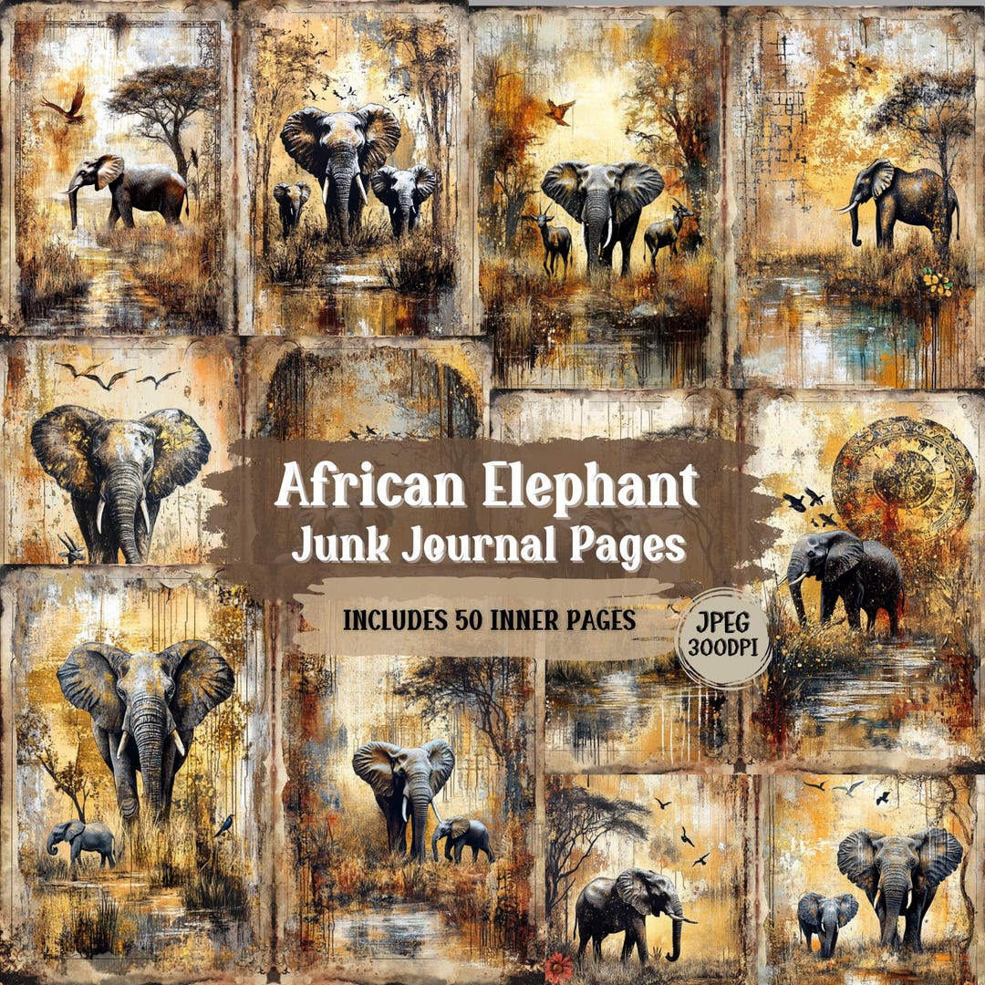 African Elephant Junk Journal Pages | Vintage Wildlife Themed Kit ...