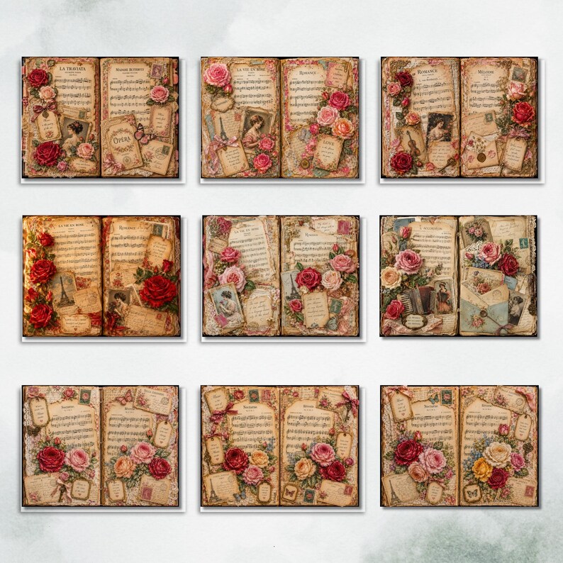 Vintage Rosen Musik Notenblatt Junk Journal Kit, romantische Shabby ...