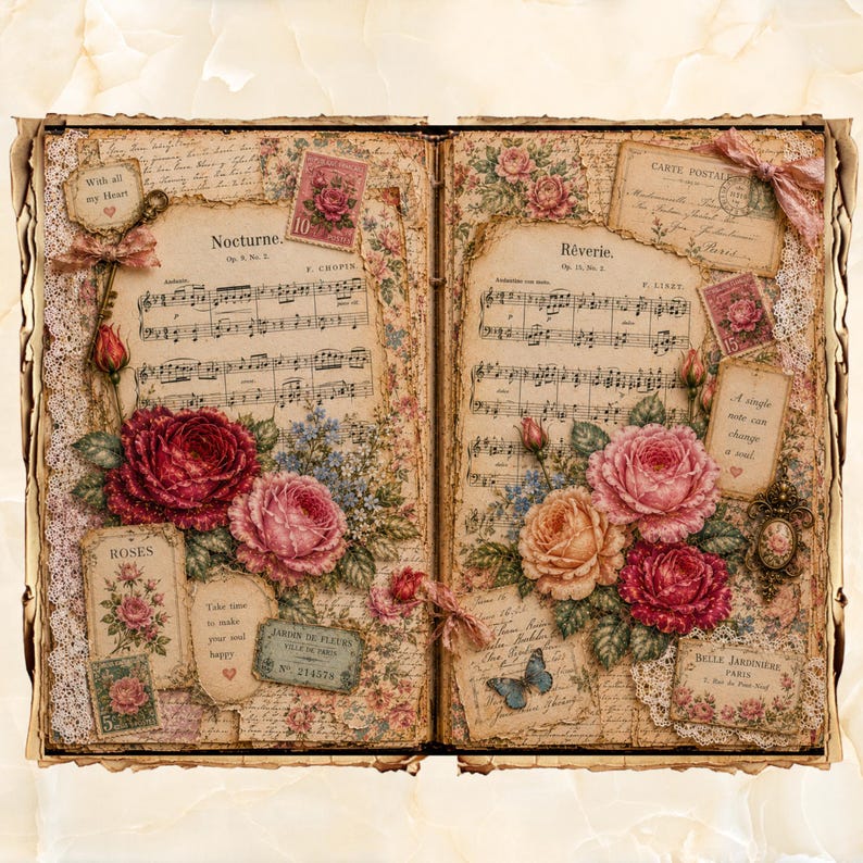 Vintage Rosen Musik Notenblatt Junk Journal Kit, romantische Shabby ...