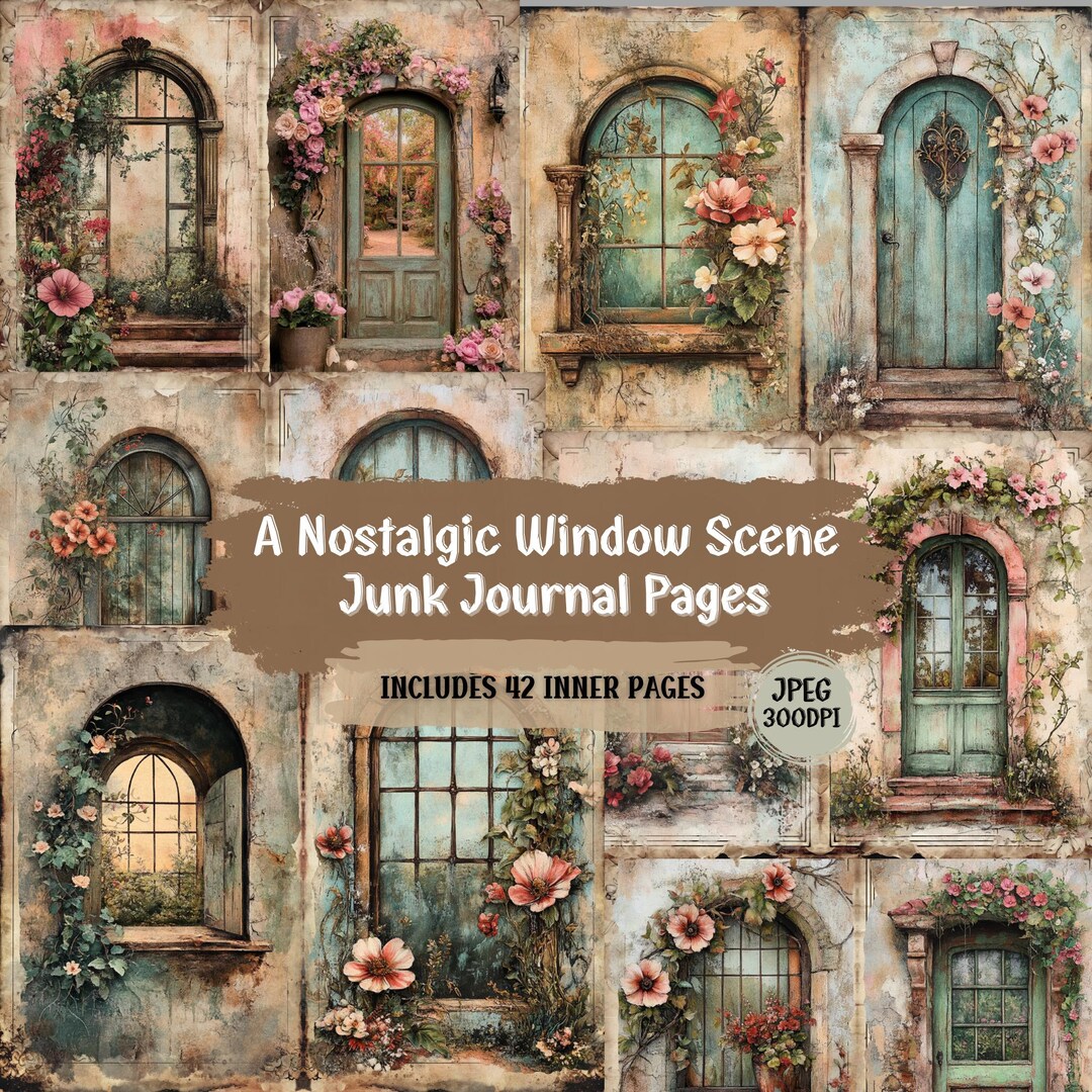 Vintage Window Scene Junk Journal Pages: Shabby Chic Ephemera (42 JPEG ...