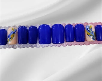 24pc Short Square Nails Set in Light & Dark Blue With Optional Sparkly ...