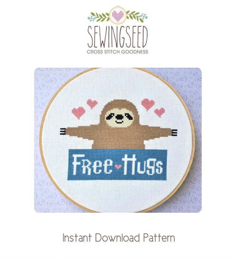 Cross Stitch Pattern, Sloth, Free Hugs Counted Cross Stitch Pattern ...