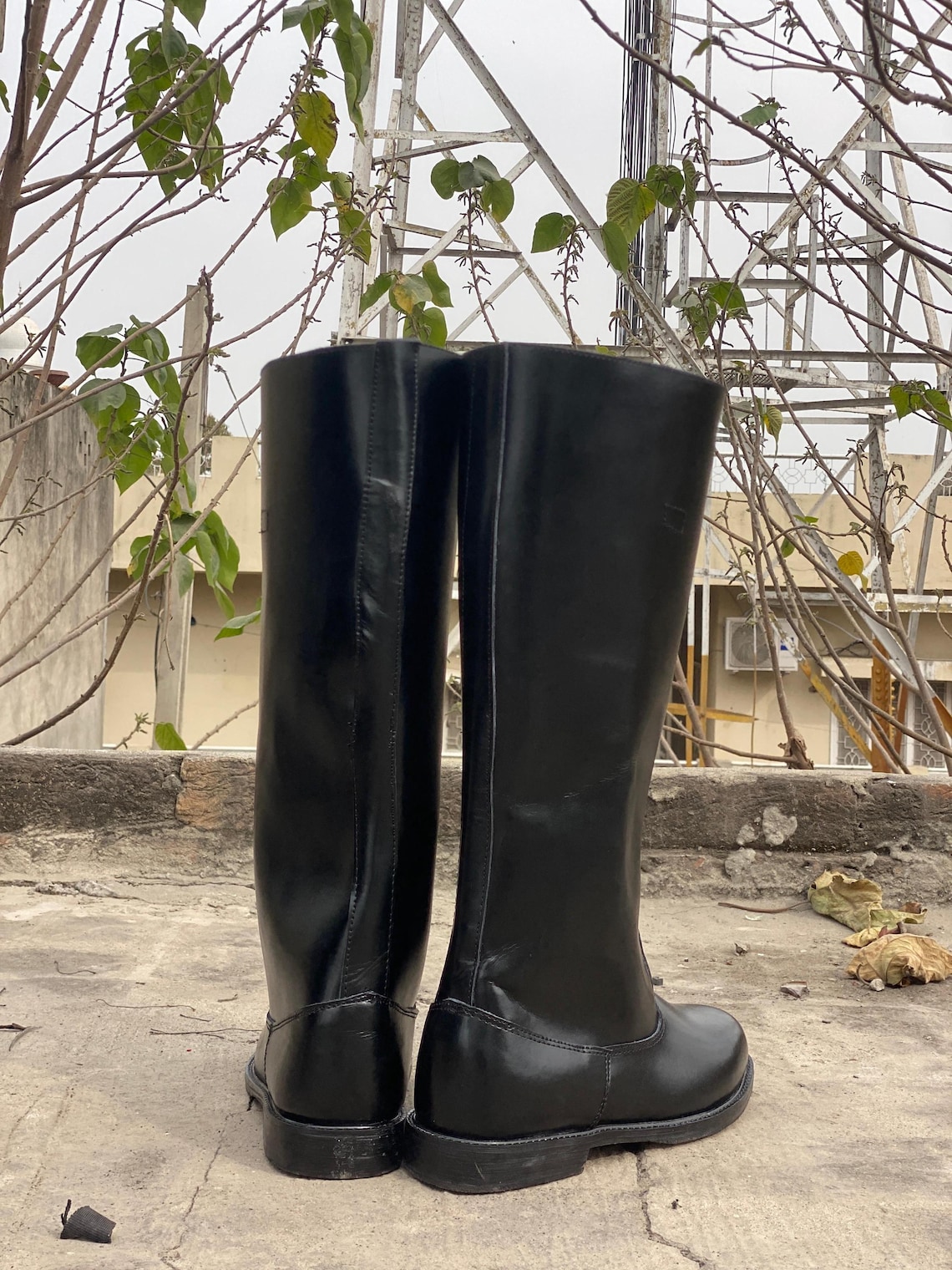 Black Leather Long Boots | Marching Boots | Army-style Footwear ...