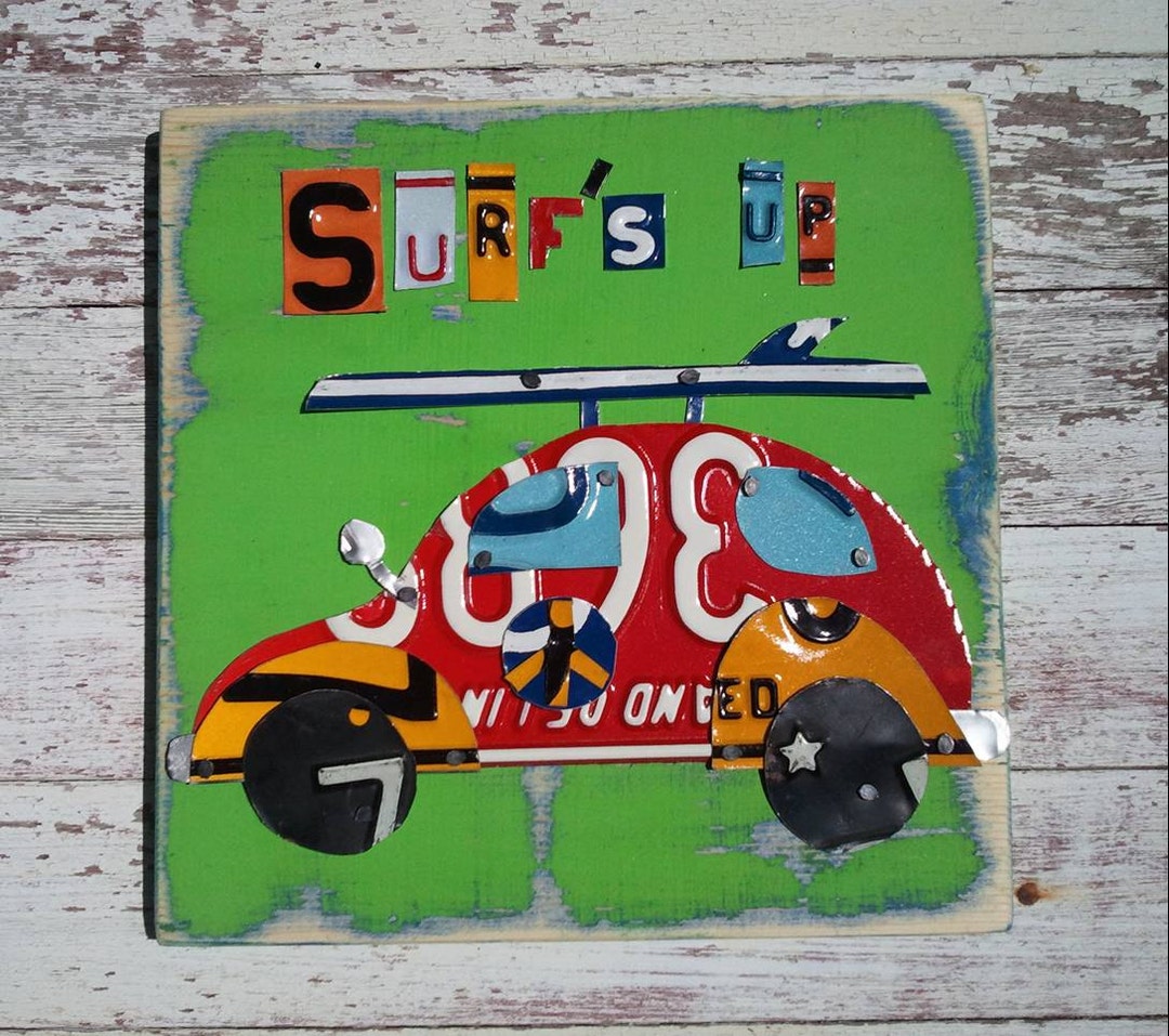 LARGE Surf's up Green Red VW BUG Car Surfboard Surfer Beach Nursery Boy ...