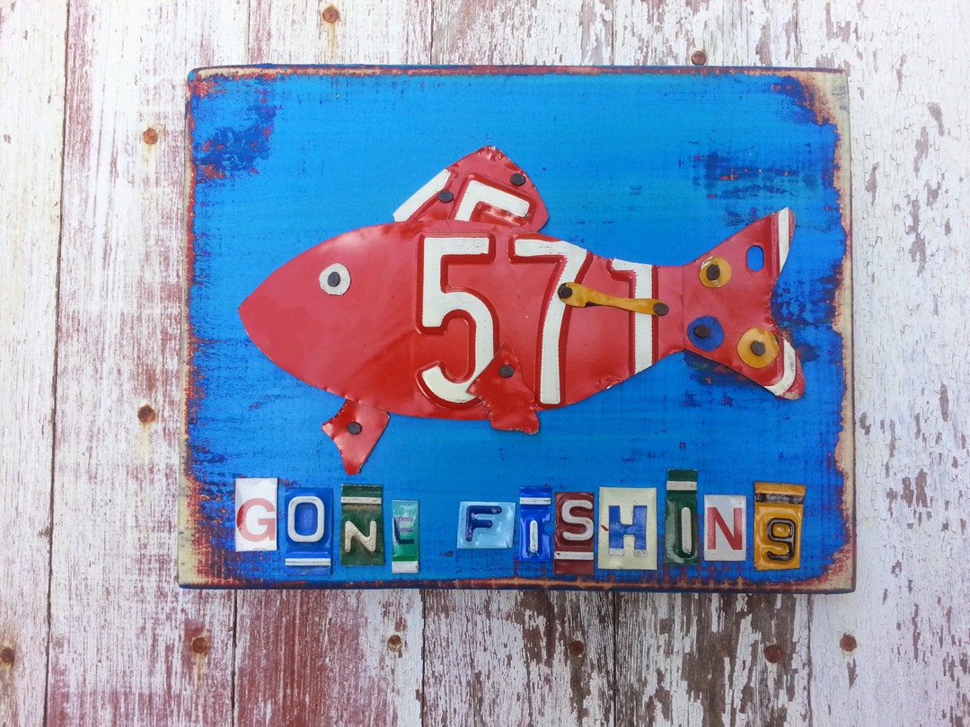 License Plate Artwork FISH Gone FISHING Ocean Sealife Nautical Red Blue ...