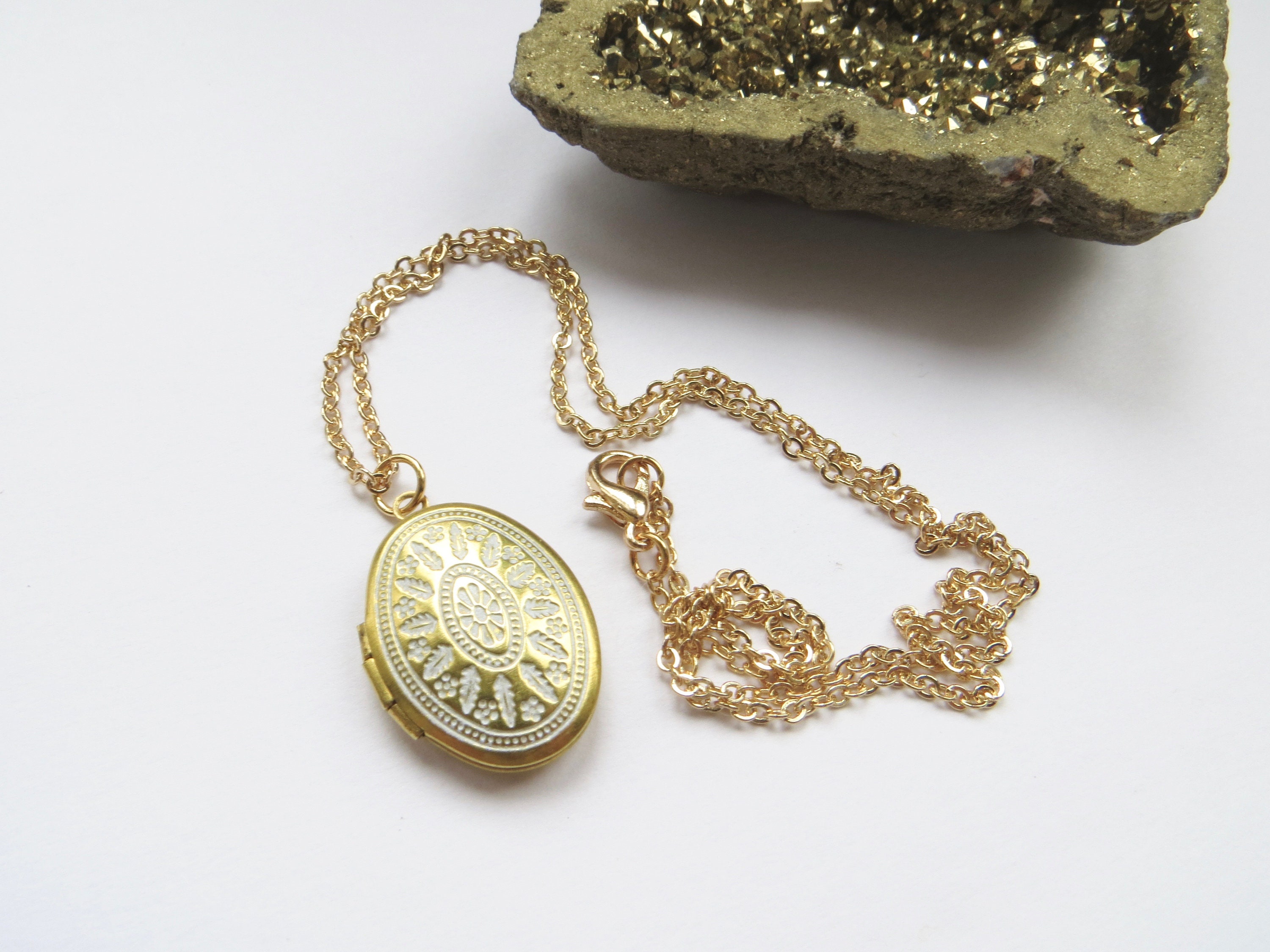 Small Gold Locket With Ornate Design White Locket Oval | Etsy