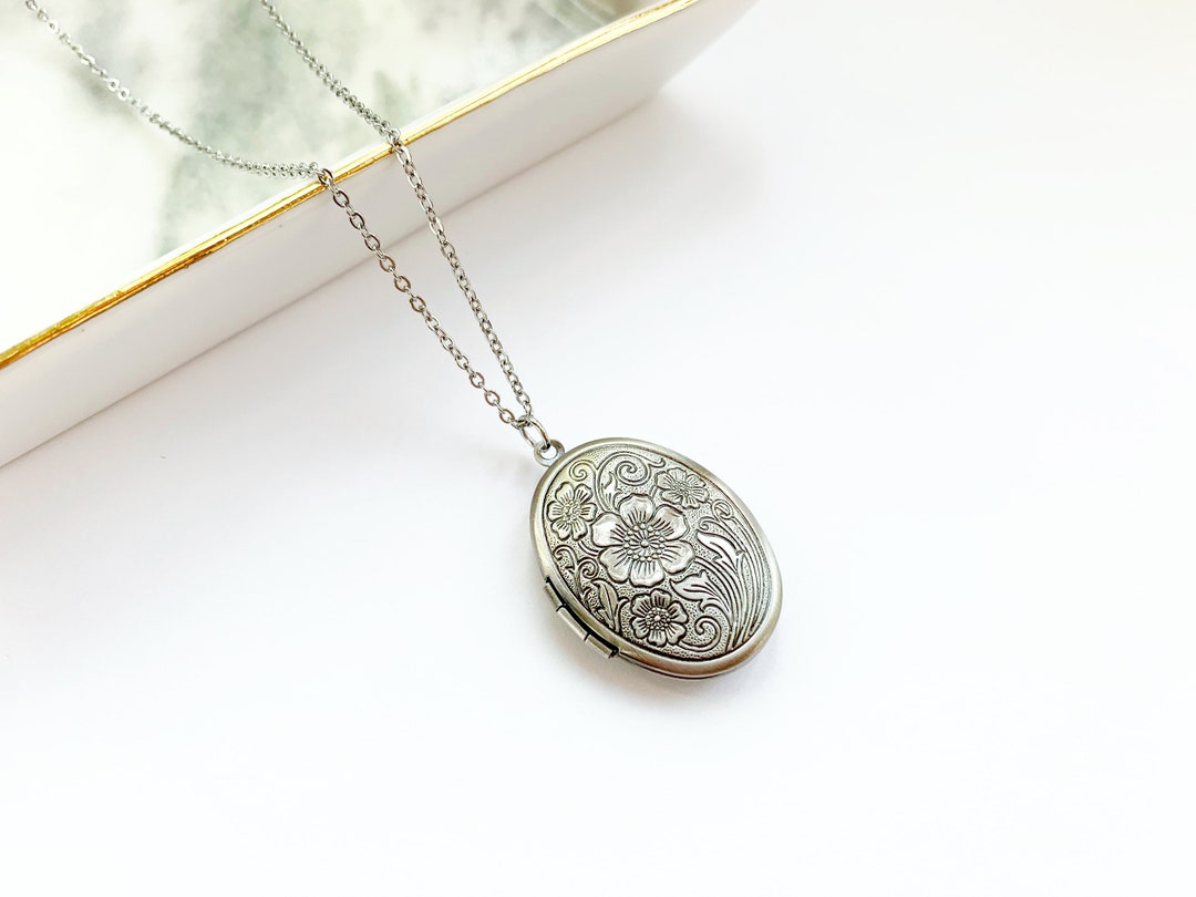 Antique Oval Locket, Silver Oval Locket Embossed Flower Design, Vintage ...