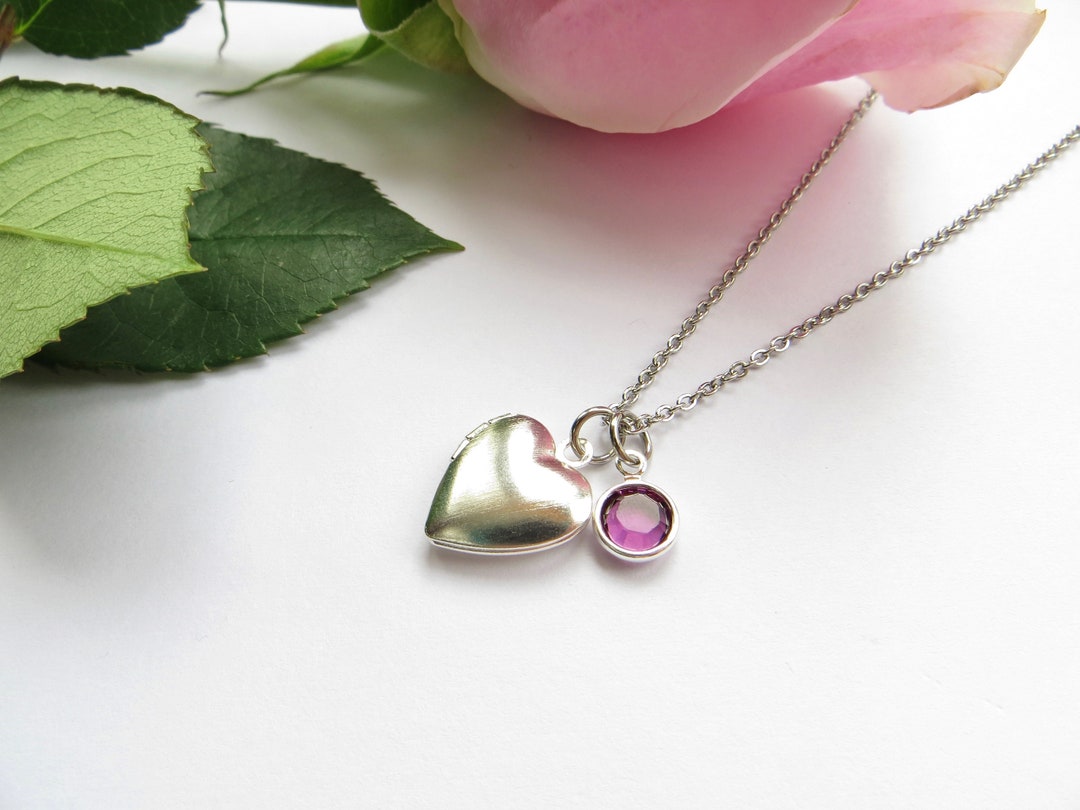 Birthstone Heart Locket Necklace, Small Silver Heart Locket, Tiny ...