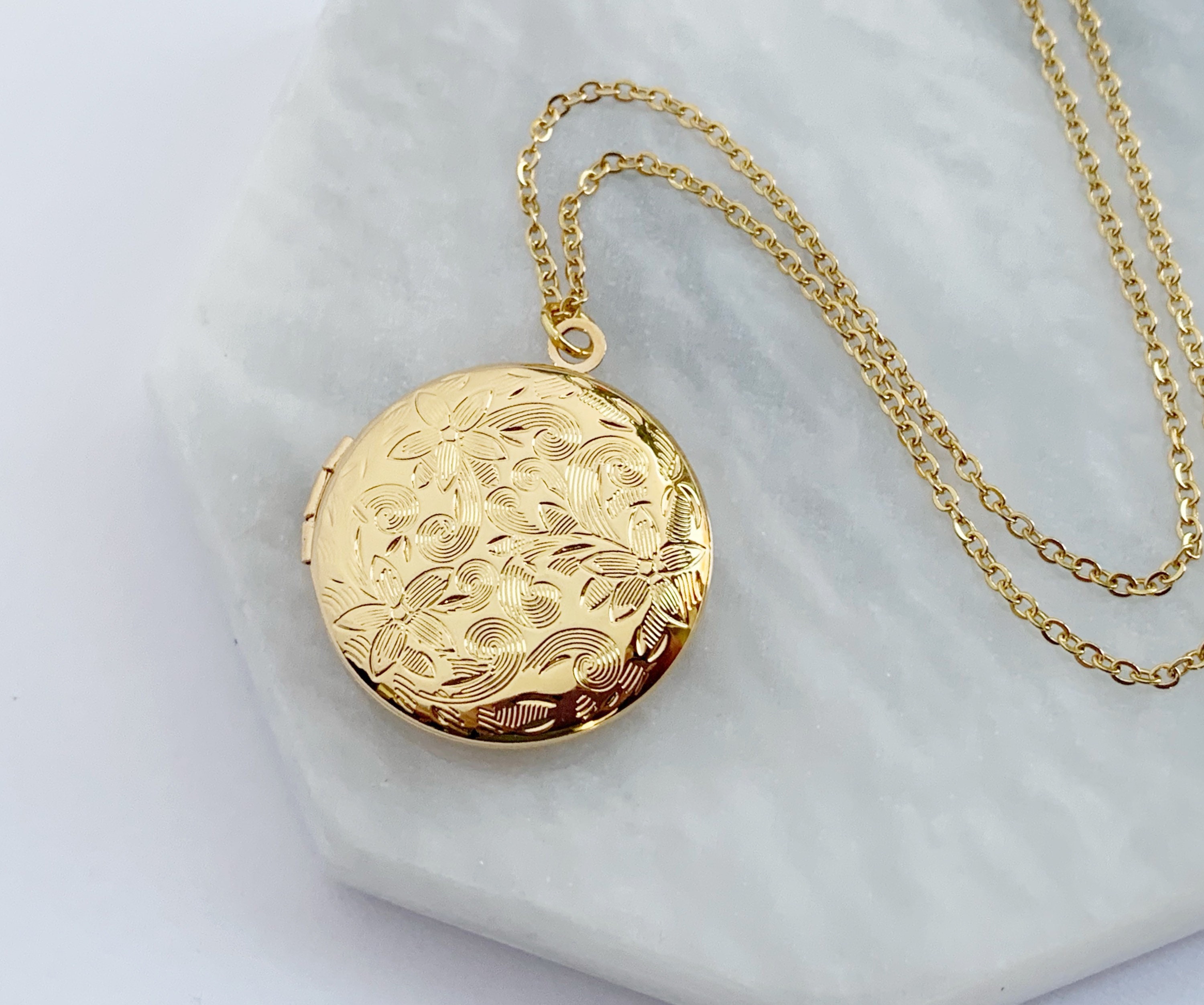 Gold Round Locket Floral Design Everyday Necklace Delicate | Etsy