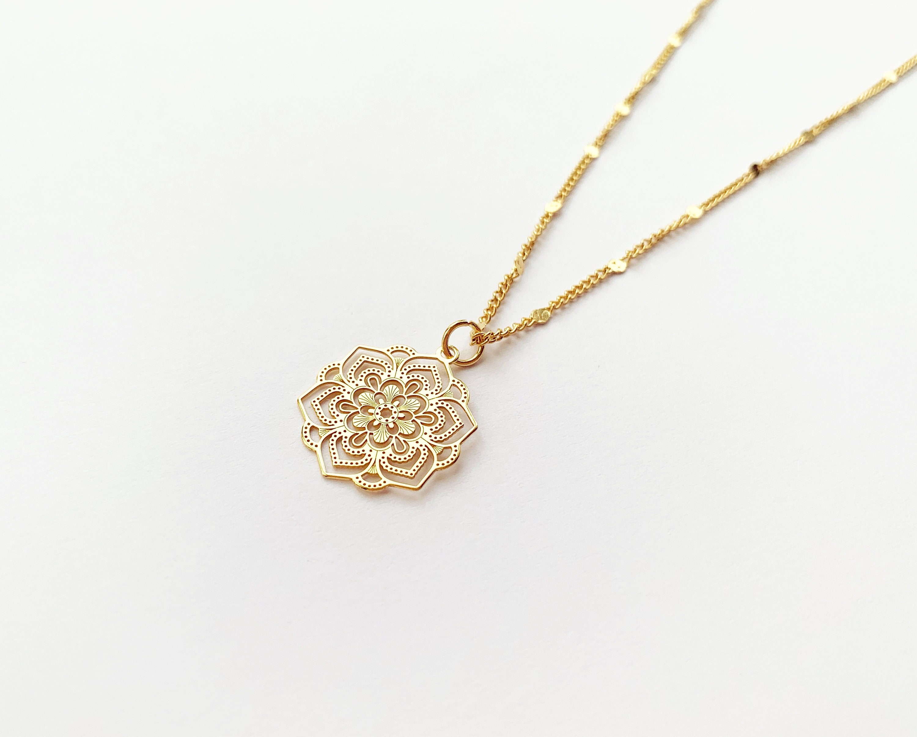 Gold Mandala Necklace, Stainless Steel, Flat Disc Curb Chain, 14kt Gold ...