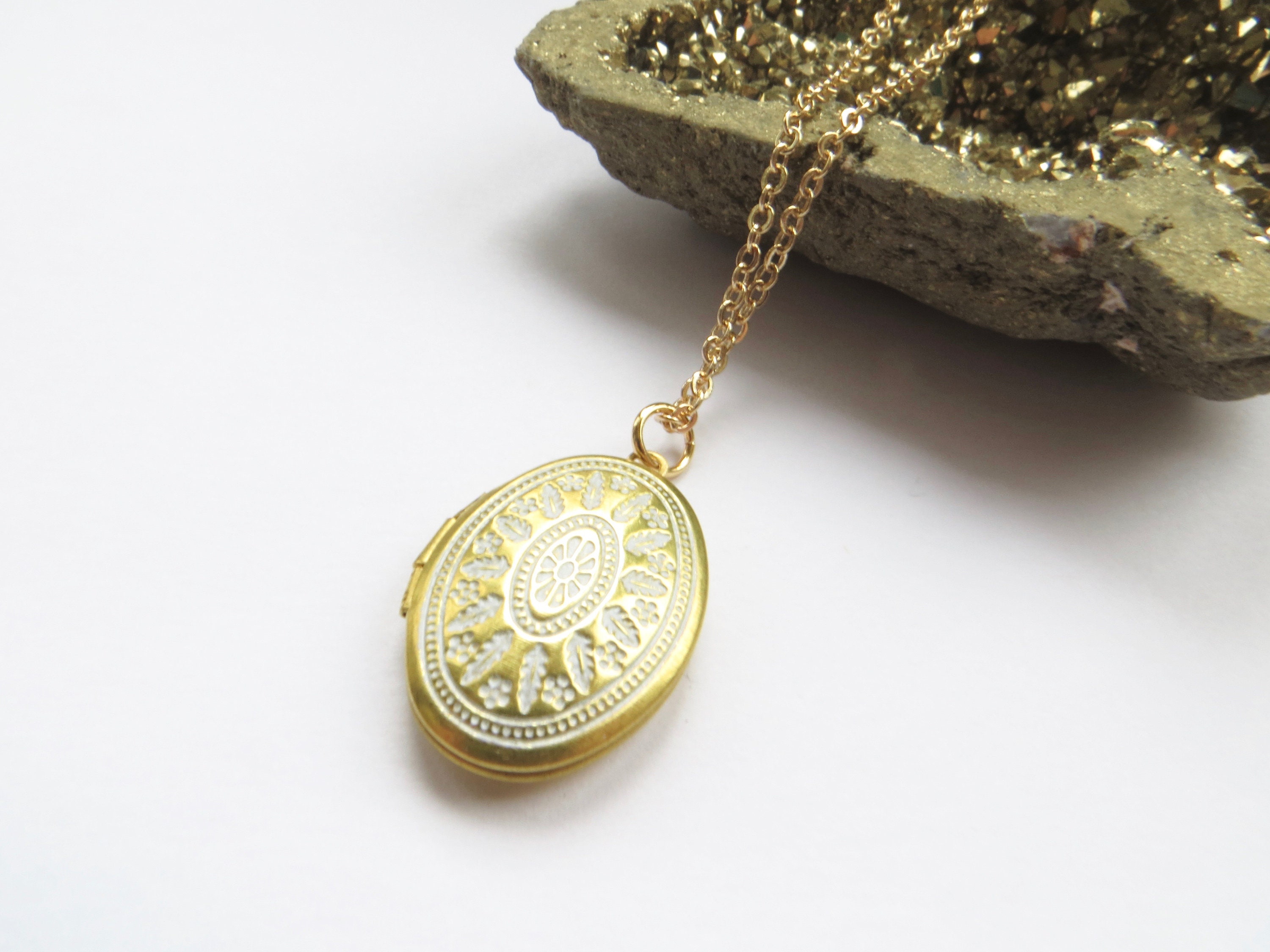 Small Gold Locket With Ornate Design White Locket Oval | Etsy