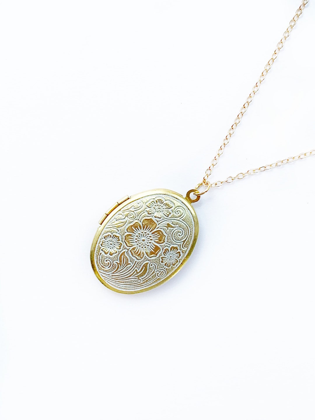 Gold Oval Locket With Ornate Design, White Locket, Antique Style Locket ...