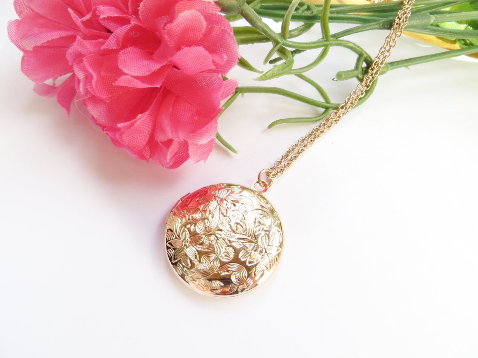 Rose Gold Locket With Floral Design Everyday Necklace - Etsy