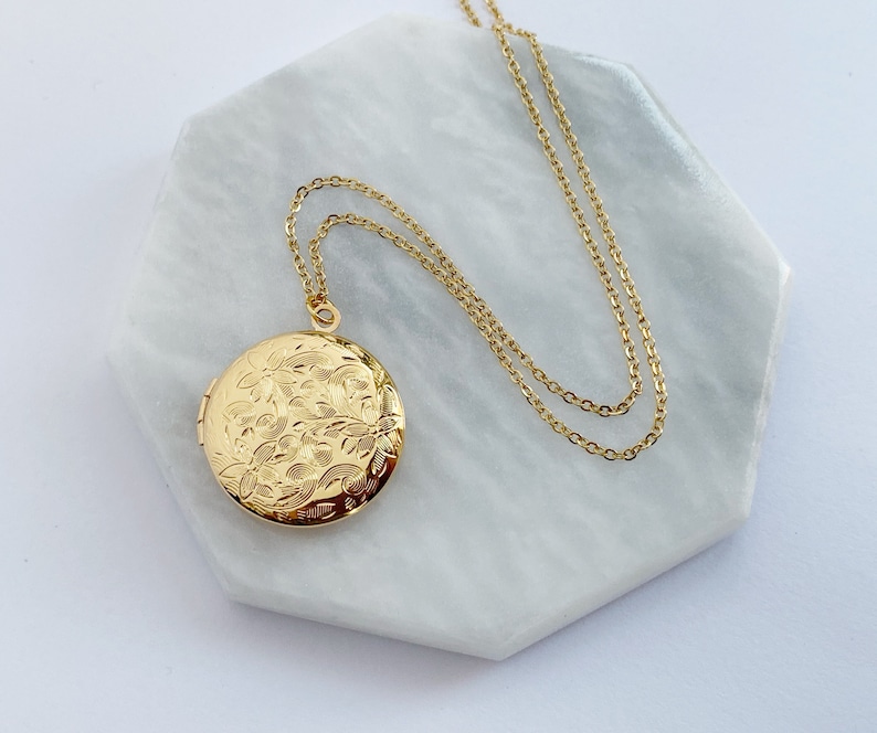 Gold Round Locket Floral Design, Everyday Necklace, Delicate Locket ...