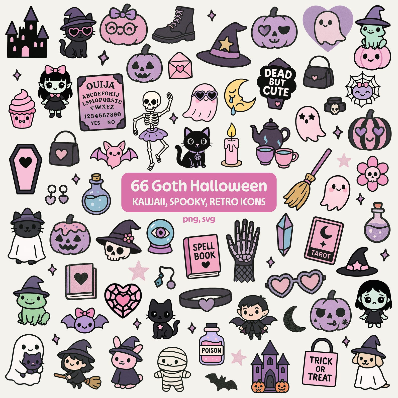 Kawaii Halloween Clipart Bundle – Spooky PNG Set – Pastel Goth Ghosts ...