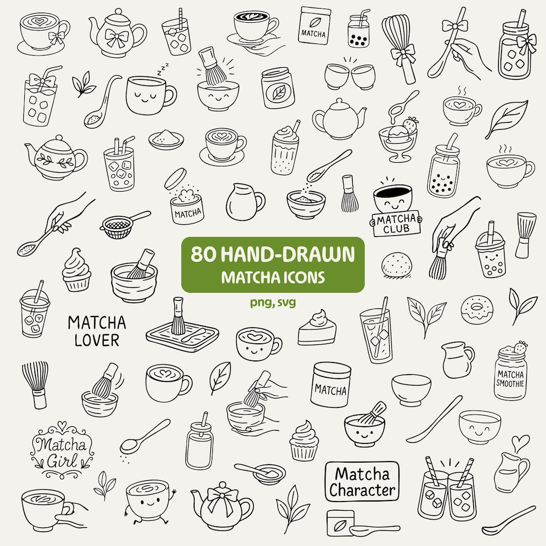 Matcha Clipart Bundle – Hand Drawn PNG SVG Doodle – Matcha Latte ...