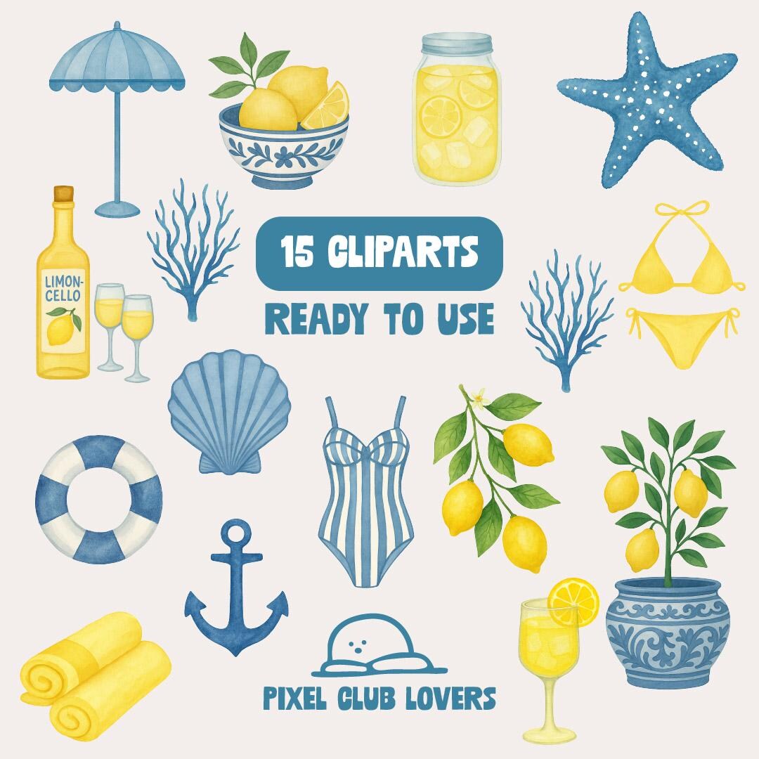 Amalfi Lemon Clipart Bundle – Watercolor Summer Pngs – Mediterranean ...