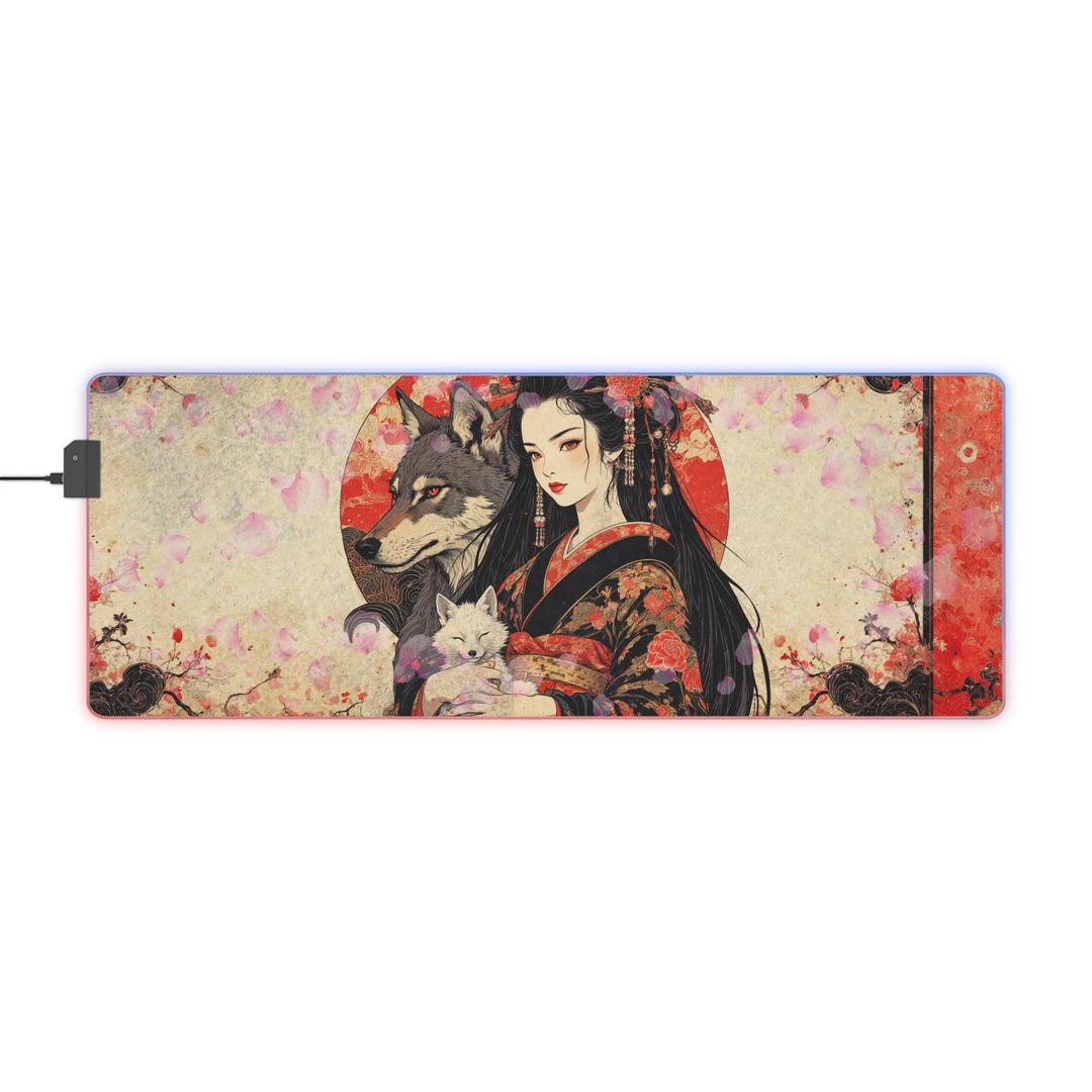 Geisha LED Gaming Mouse Pad: Fox Spirits, Red Floral Art | Polyester ...
