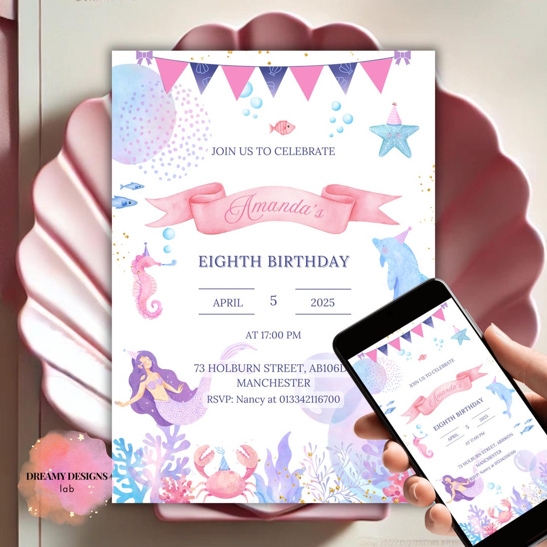 Mermaid Birthday Invitation: Under the Sea Party, Editable Template ...