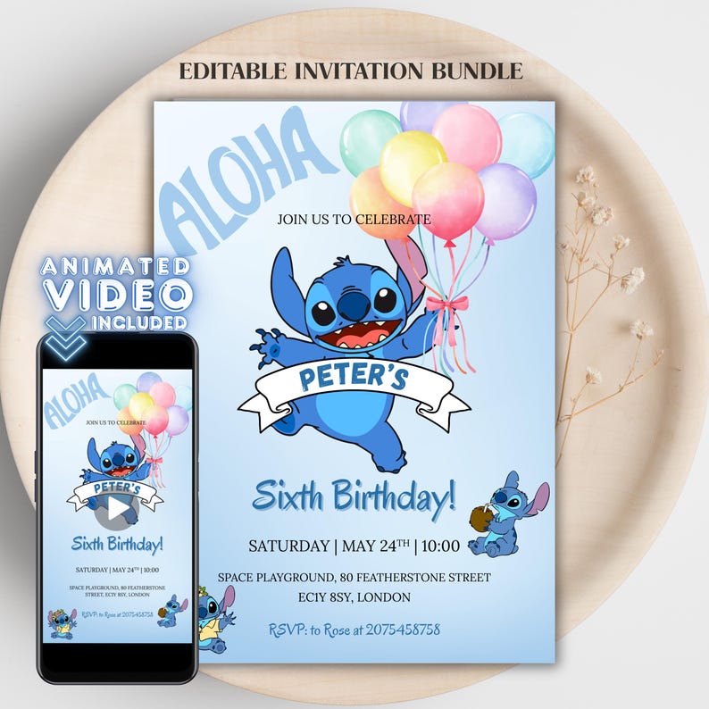Editable Stitch Birthday Party Bundle: Invitation, Cake Toppers ...
