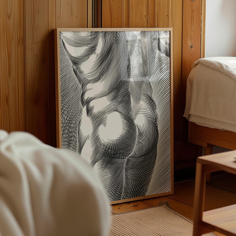 Classical Male Nude Engraving Print Butt Line Art Body Poster Vintage ...