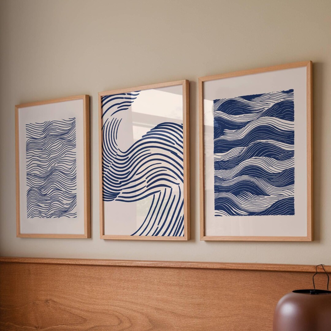 Sea Waves Art Print, Set of 3 Posters, Abstract Navy Wave Series, Ocean ...