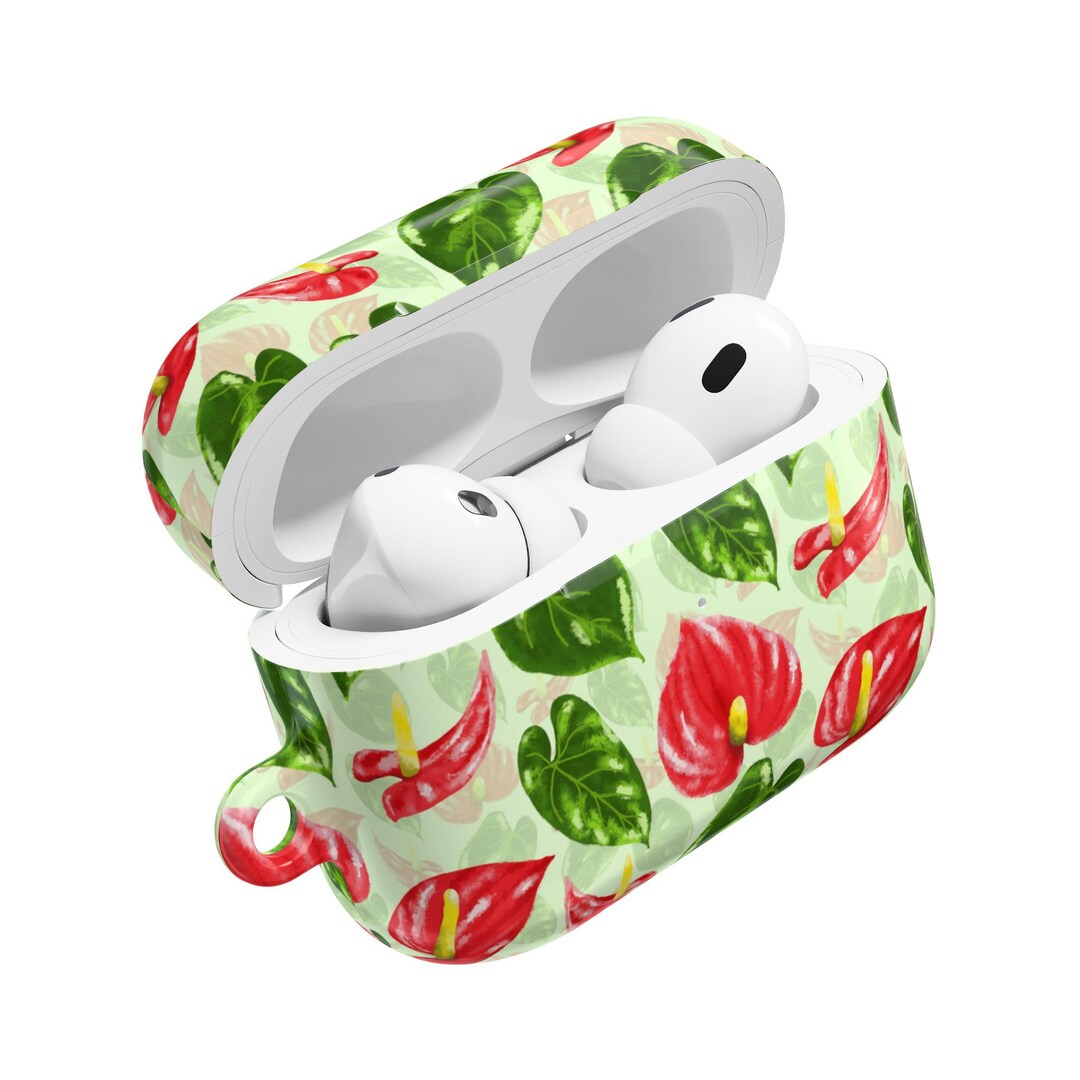 Tropical Bloom AirPod Case Featuring Red Summer Flowers and Green ...