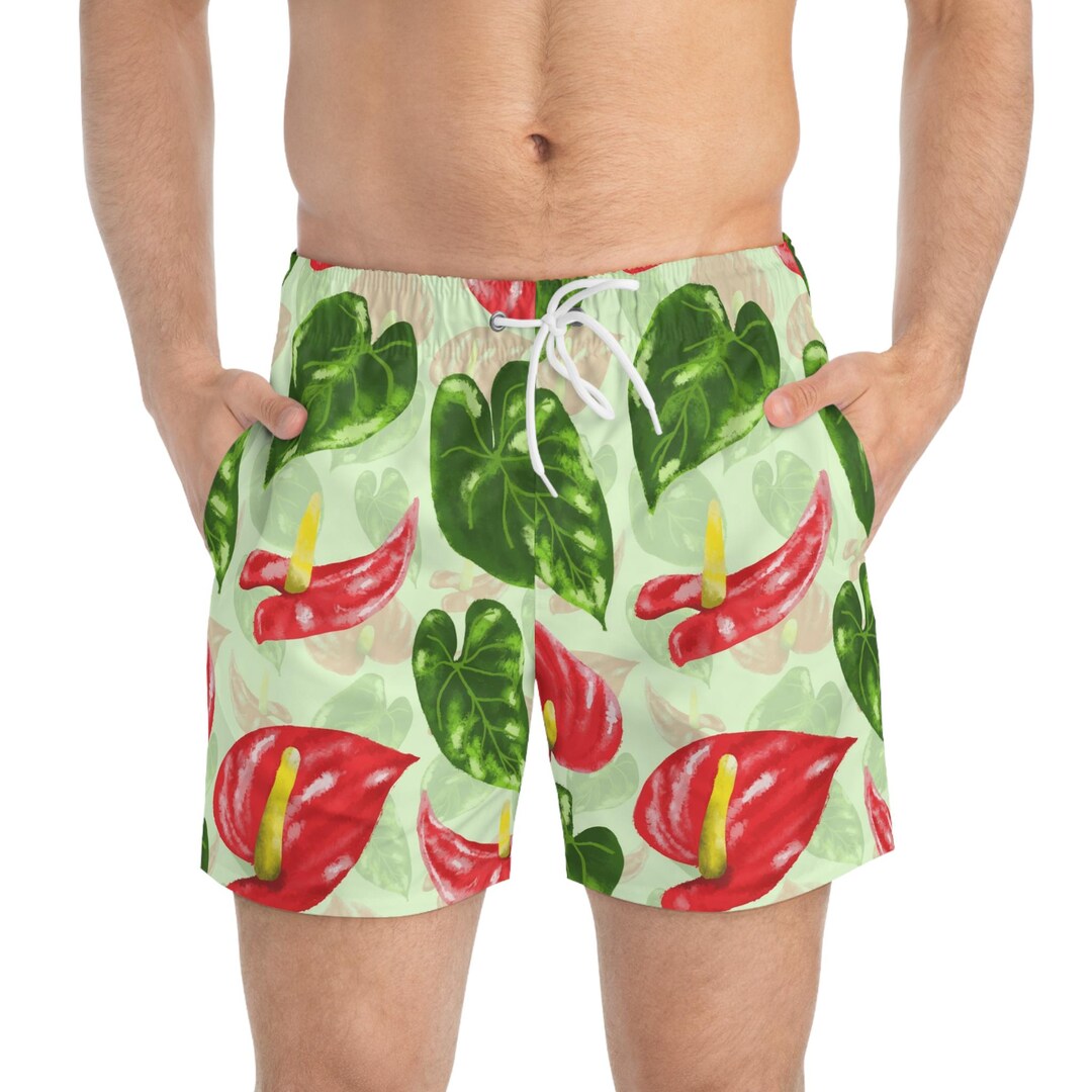 Red Summer Flowers Swim Trunks, Beach Shorts, Tropical Bloom Swimwear ...