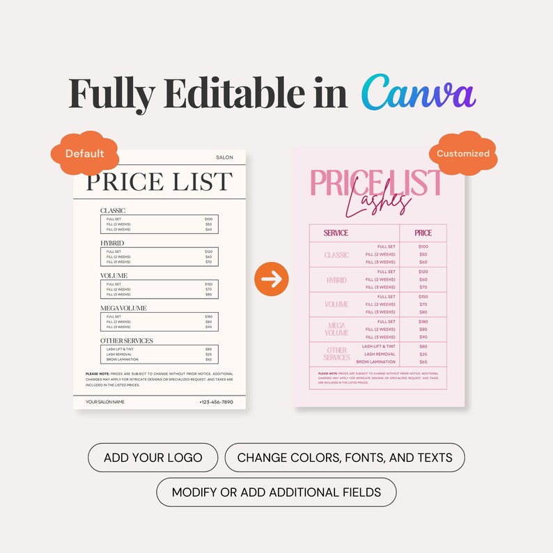 Lash Price List Template for Lash Techs Editable Canva Price Sheet ...