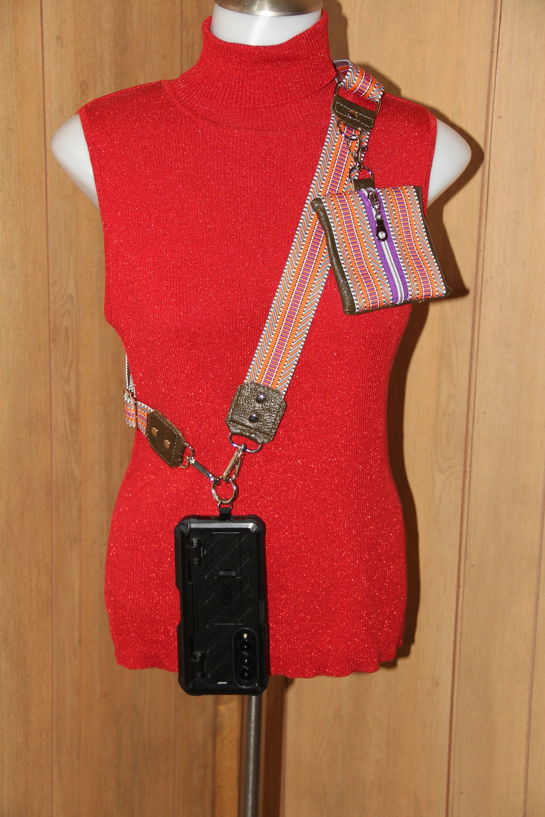 Cell Phone Sling, Cell Phone Carrier, Strap With Zipper Wallet, Chevron ...