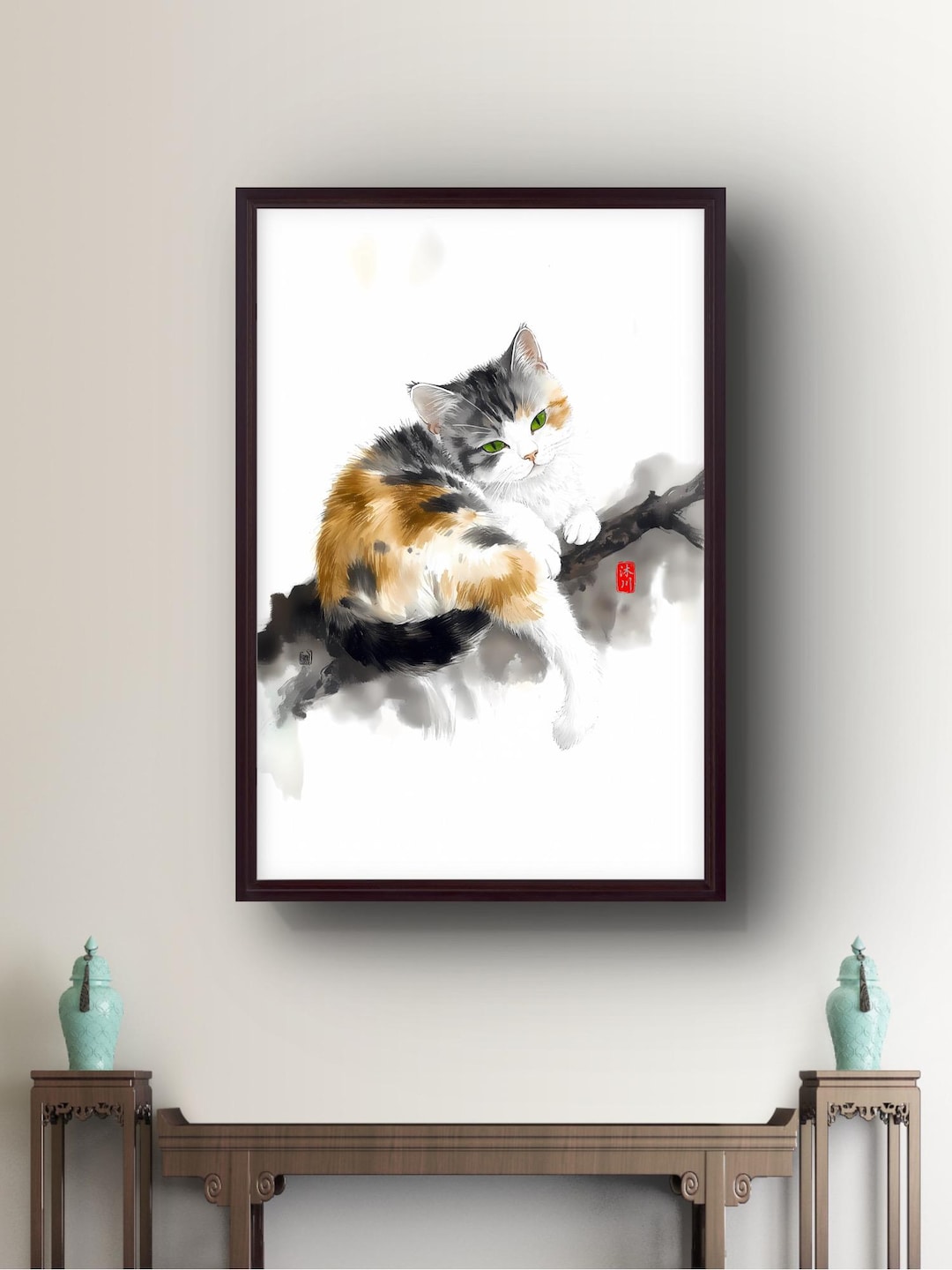 Calico Cat Art Print: Chinese Ink Painting Wall Decor - Etsy