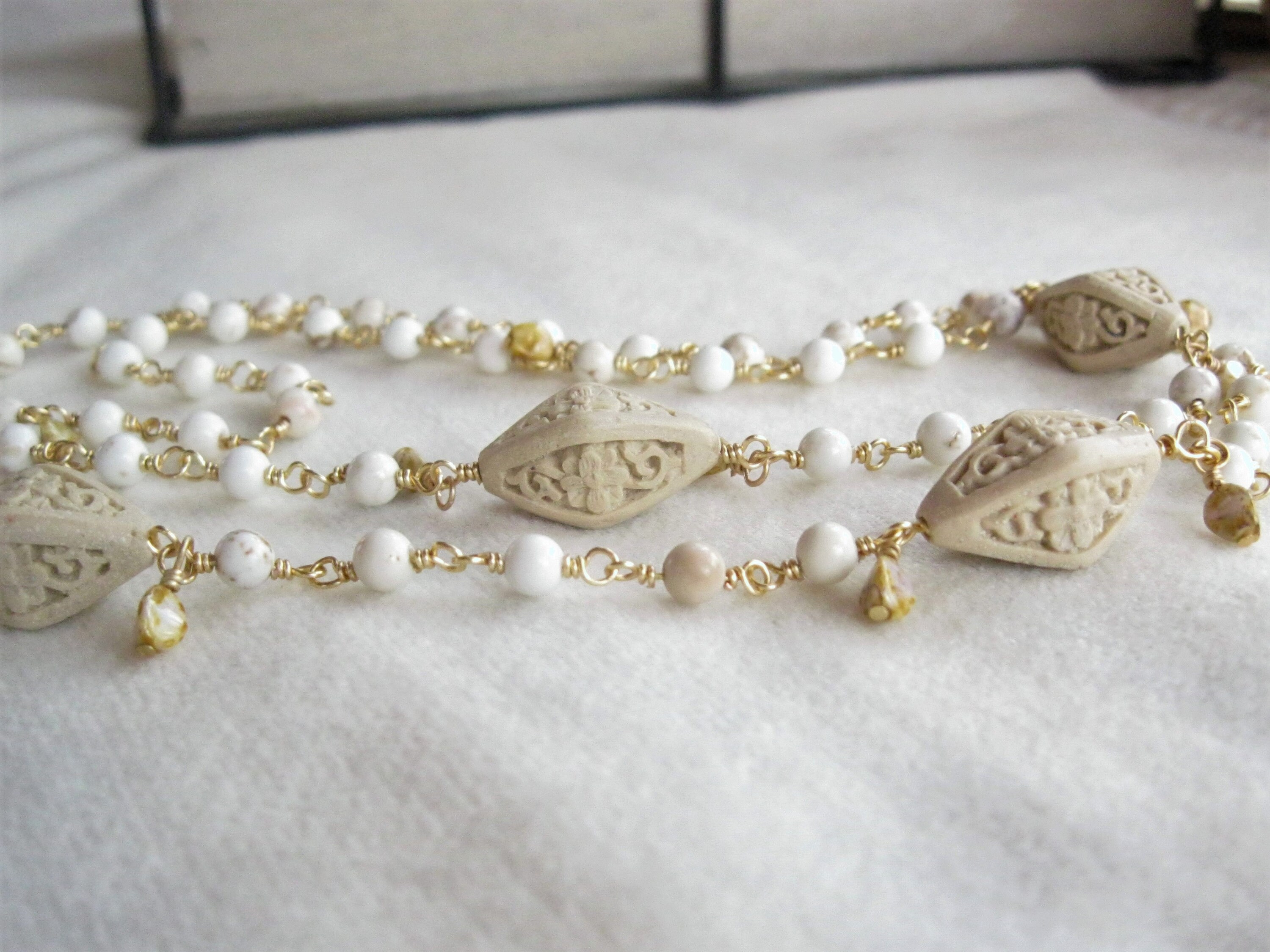 Long White and Beige Beaded Necklace With Unique Beads - Etsy