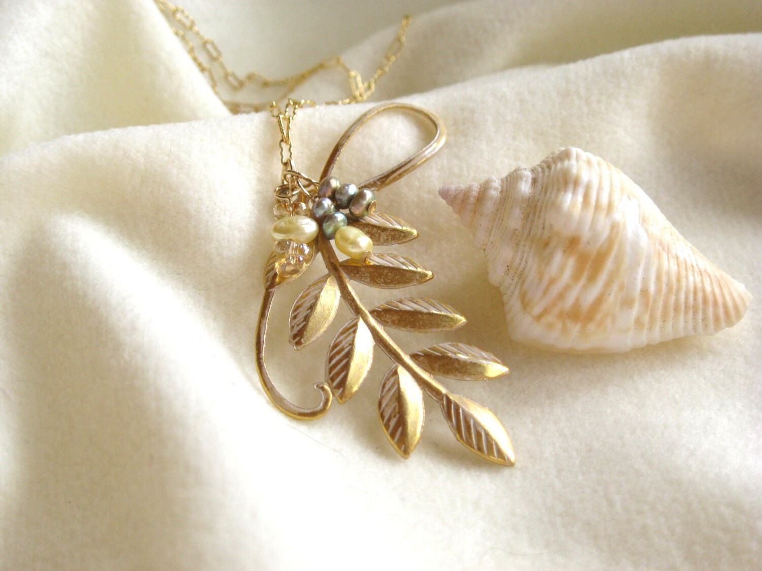 Gold Scroll Leaf Design Pendant With Pearls on Gold Fill Chain - Etsy