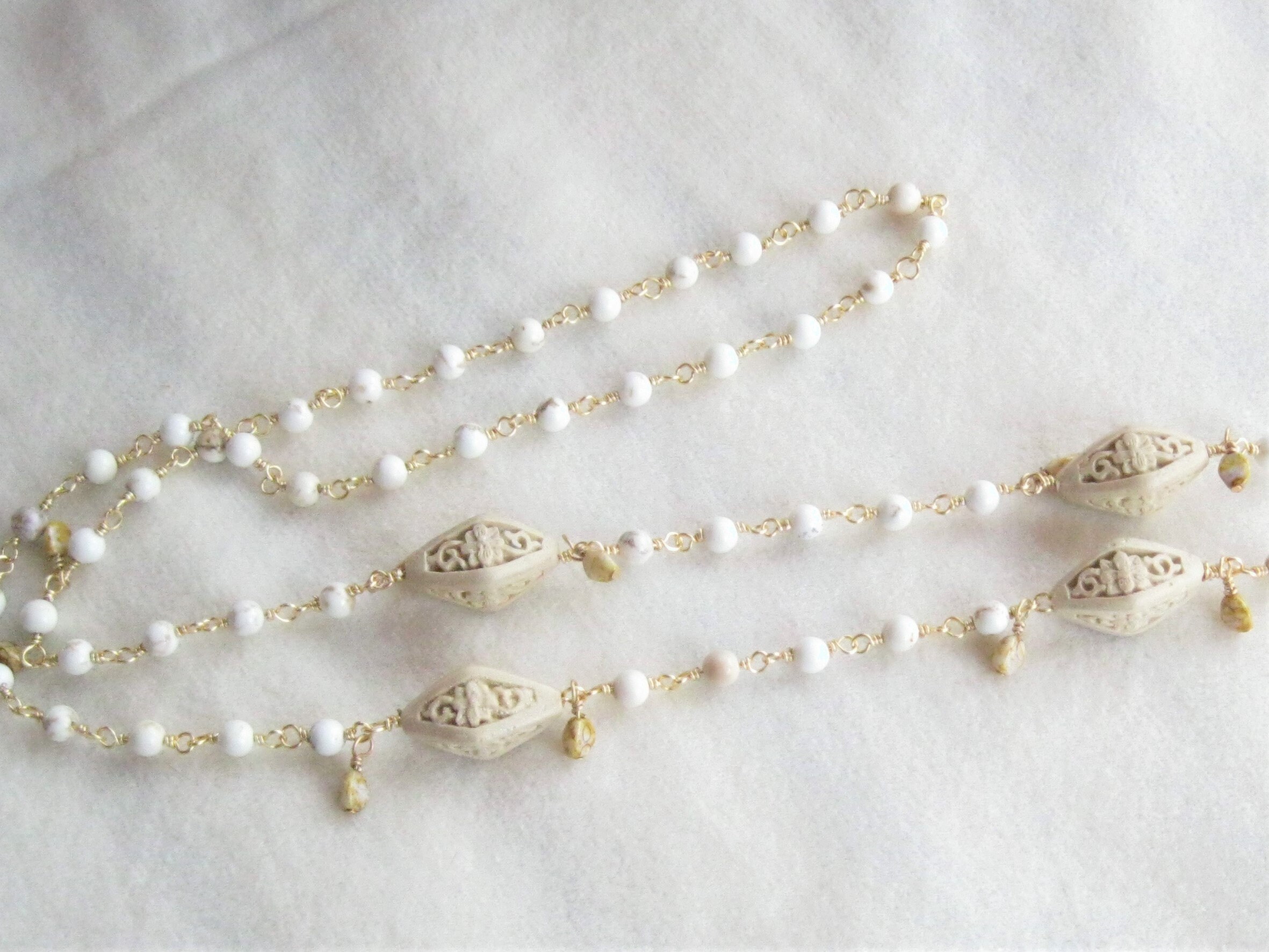 Long White and Beige Beaded Necklace With Unique Beads - Etsy
