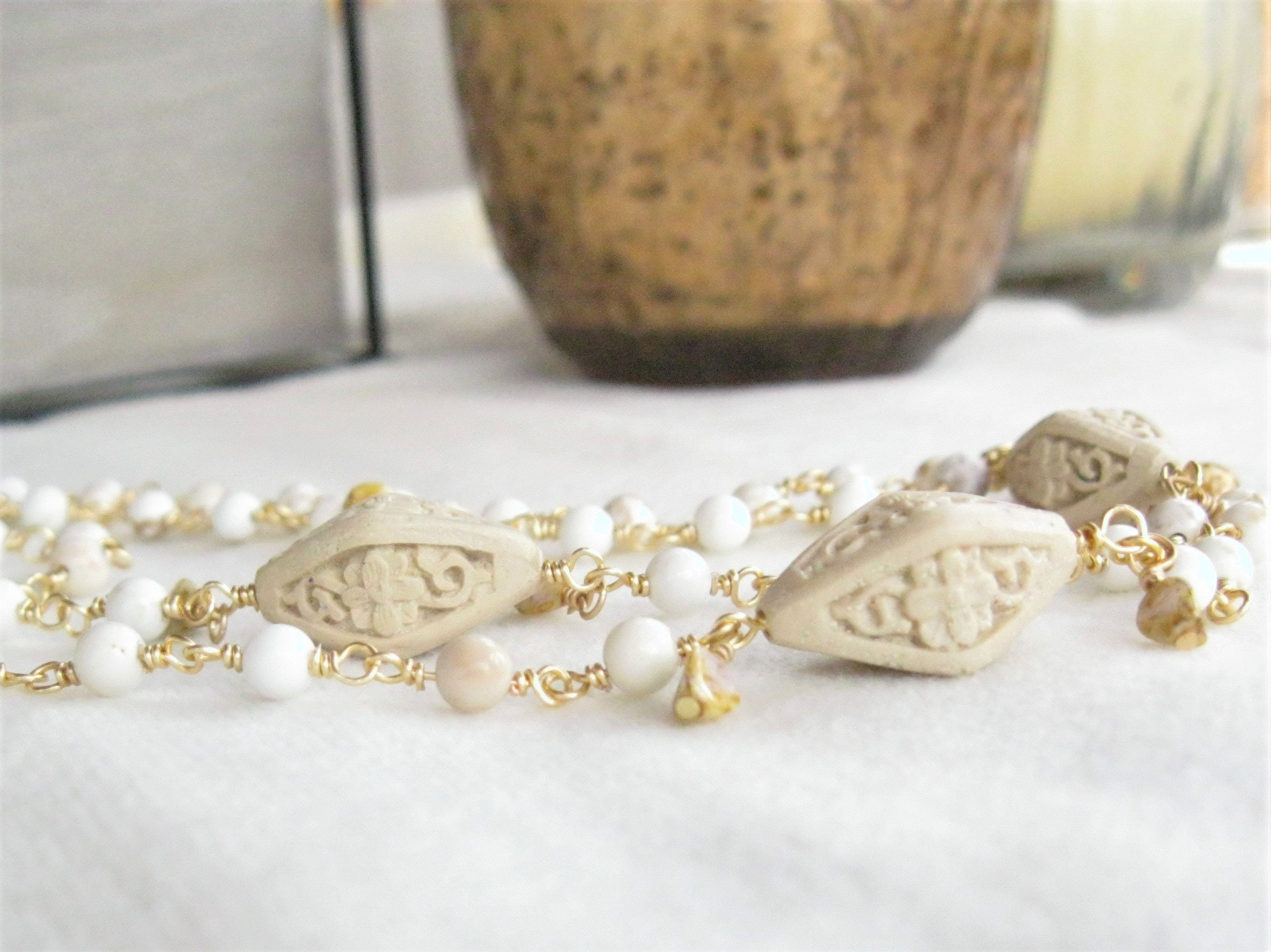 Long White and Beige Beaded Necklace With Unique Beads - Etsy