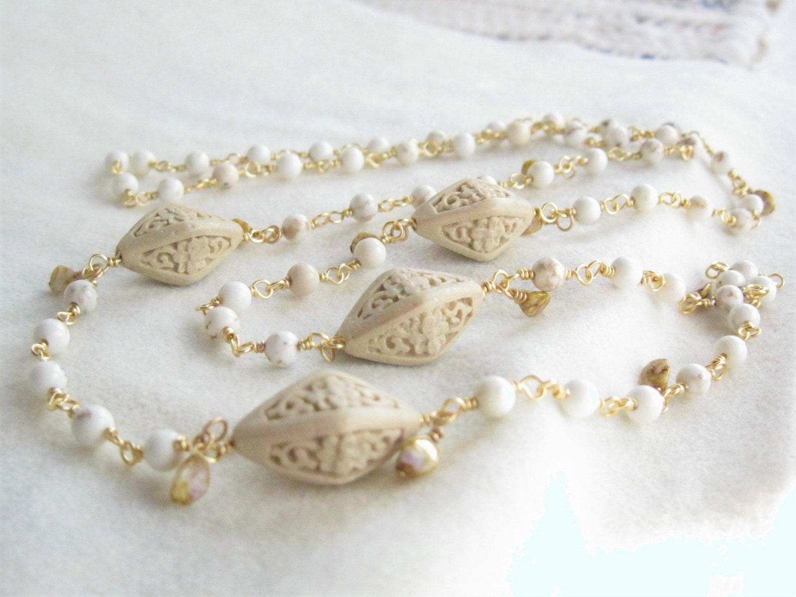 Long White and Beige Beaded Necklace With Unique Beads - Etsy