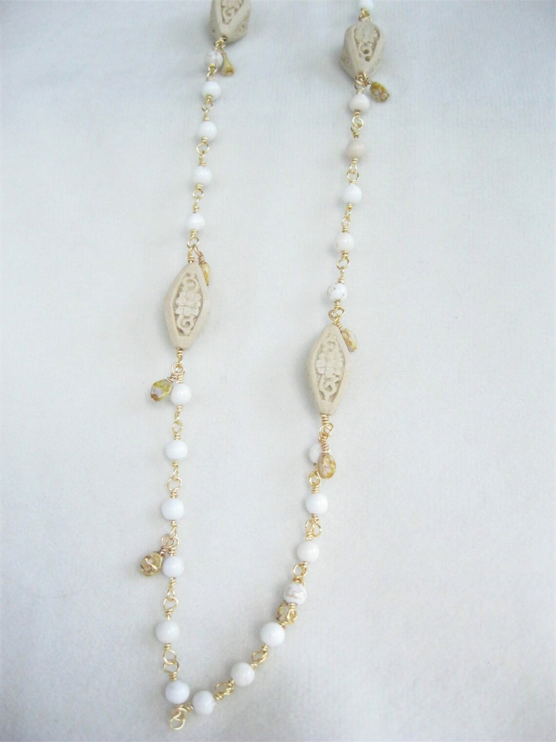Long White and Beige Beaded Necklace With Unique Beads - Etsy
