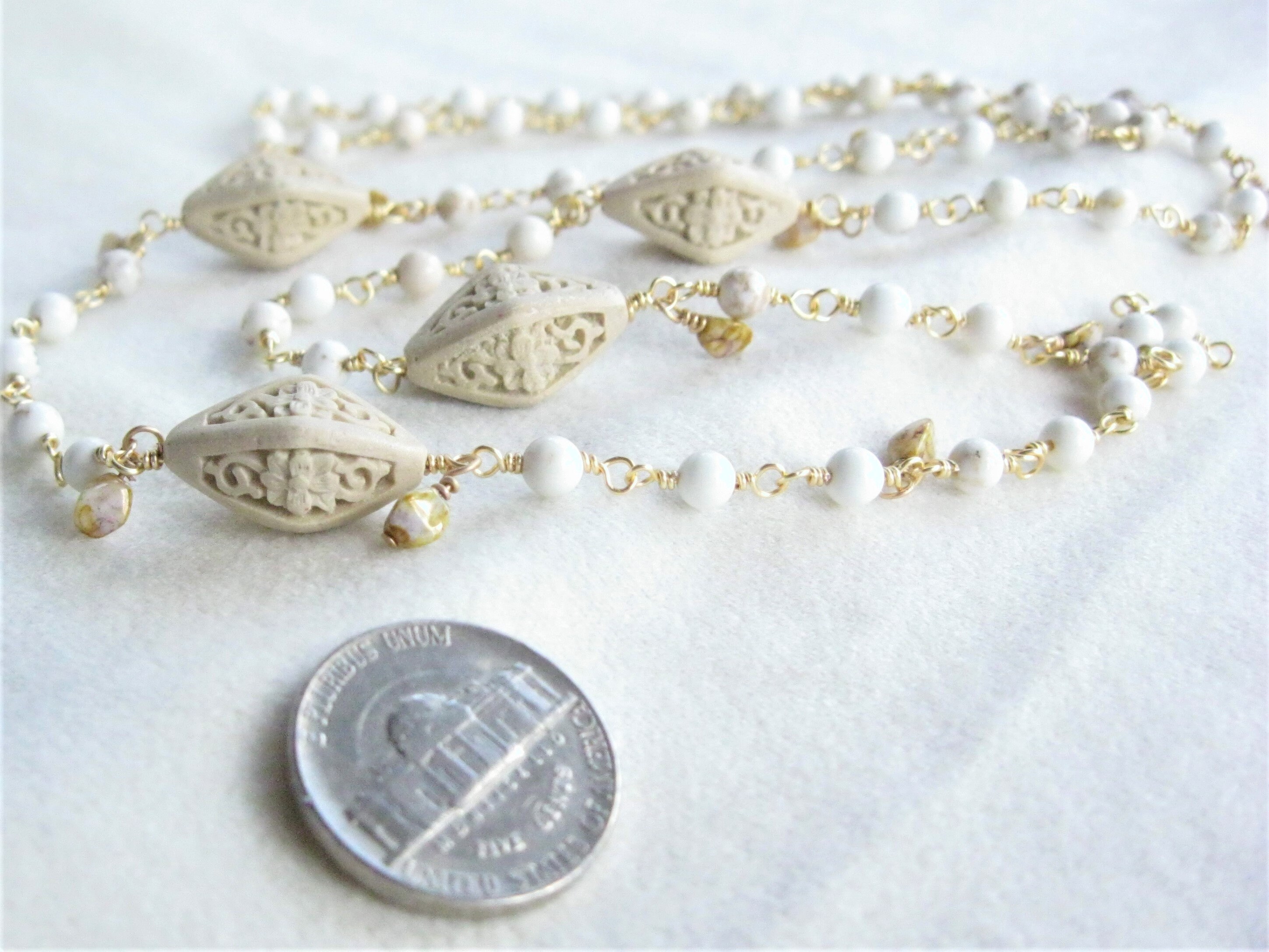 Long White and Beige Beaded Necklace With Unique Beads - Etsy
