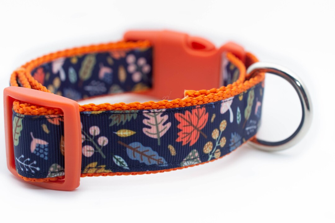 Navy Leaves Fall Dog Collar - 1 Inch Wide - Buckle or Martingale Collar ...