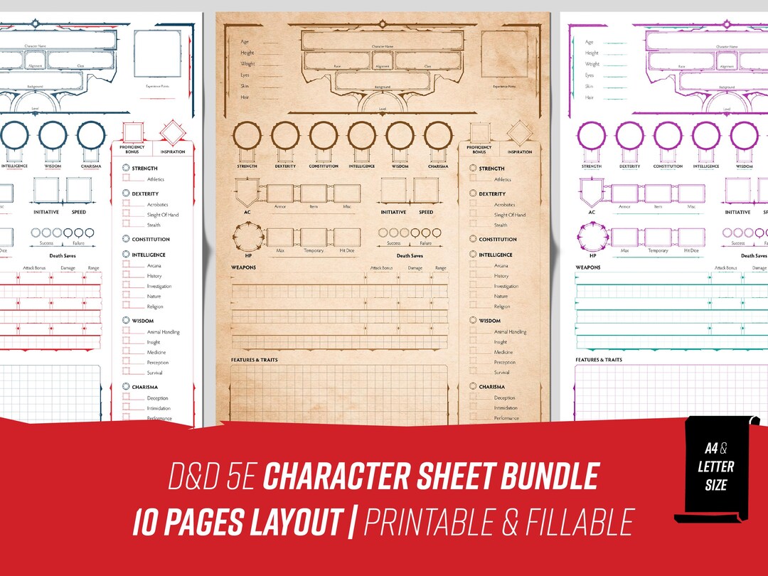 DND 5E Character Sheet Bundle | 10-pages Layout | Printable & Fillable ...