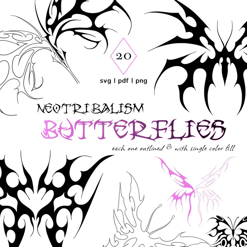 Neotribalism Butterfly Tattoo Set PNG PDF SVG Vector Set Transparent ...