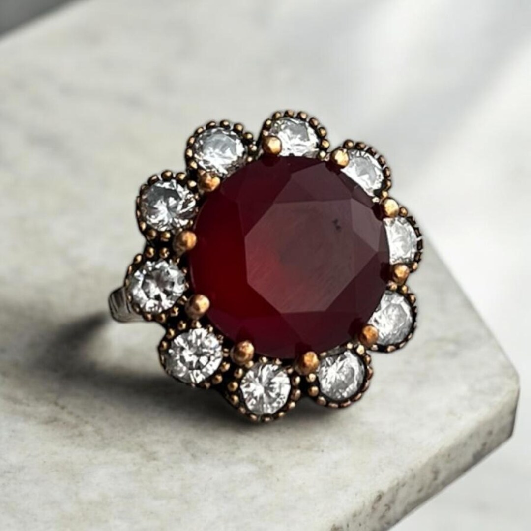 Handmade Ruby Red Stone Ring, Antique Silver Plated Design, Zircon ...
