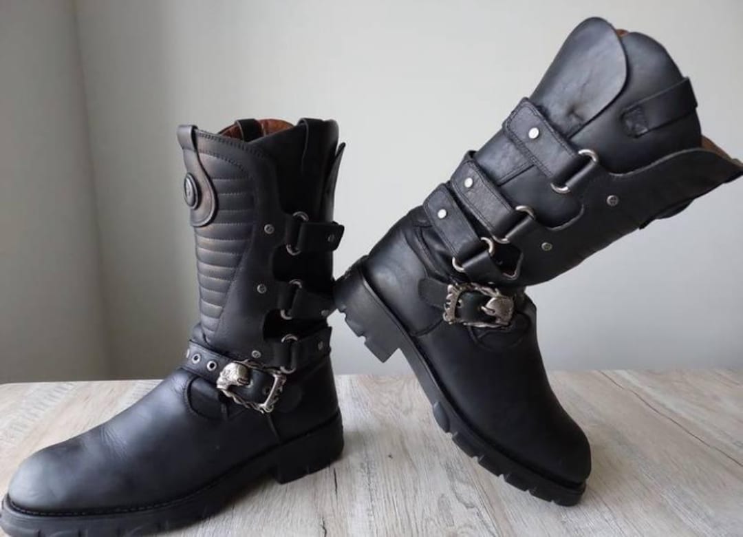 New Rock Leather Boots Biker Boots Black Men Leather Boots - Etsy