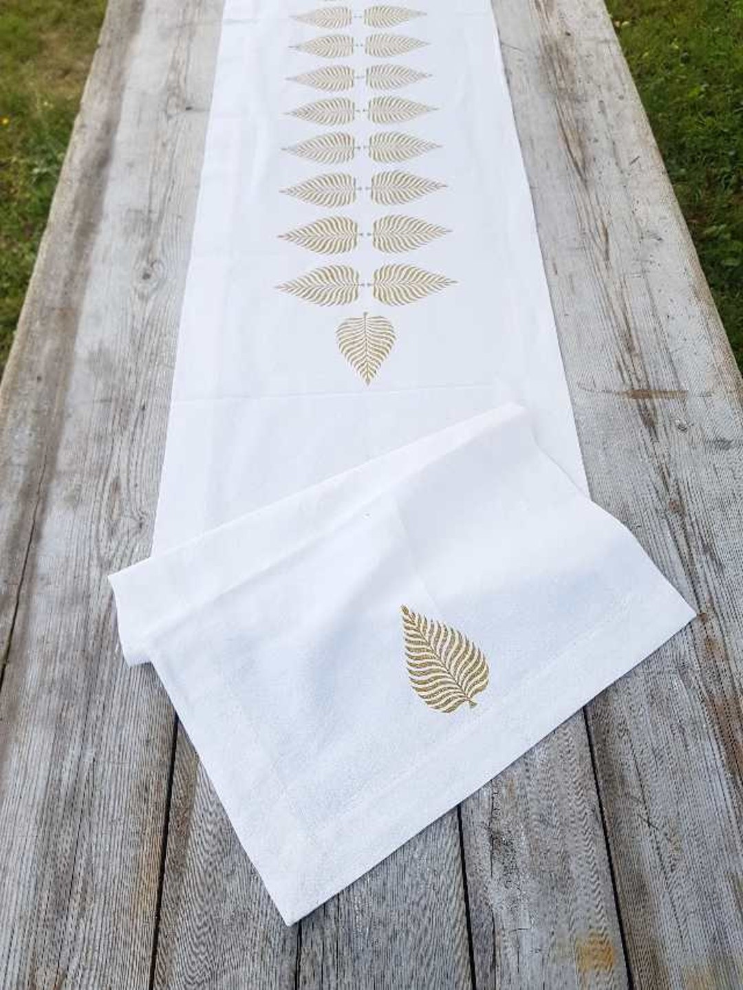 Long Vintage French Linen Table Runner, Hand Block Printed Fern Leaf ...