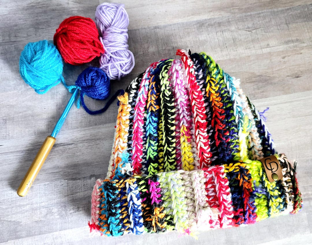 Distressed Scrap Yarn Hats, Rainbow Scrap Yarn Beanie, OOAK Colorful ...
