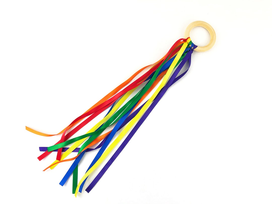 Children's Rainbow Ribbon Hand Kite, Wooden Ring, Satin Ribbons in 5 ...