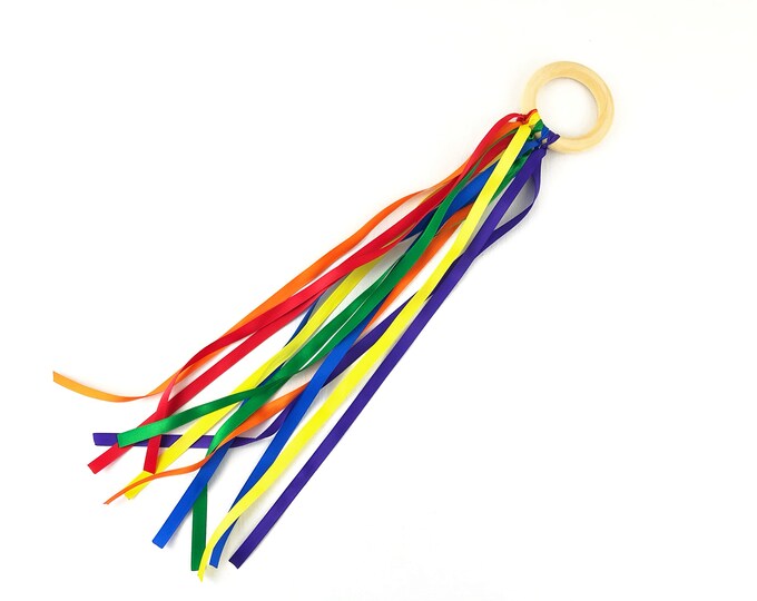 Children's Rainbow Ribbon Hand Kite, Wooden Ring, Satin Ribbons in 5 ...