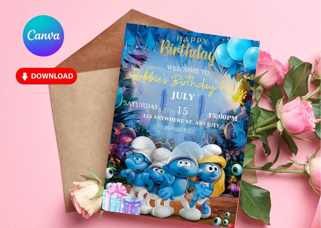 Editable Smurf Birthday Invitation Digital,printable Smurf Birthday ...