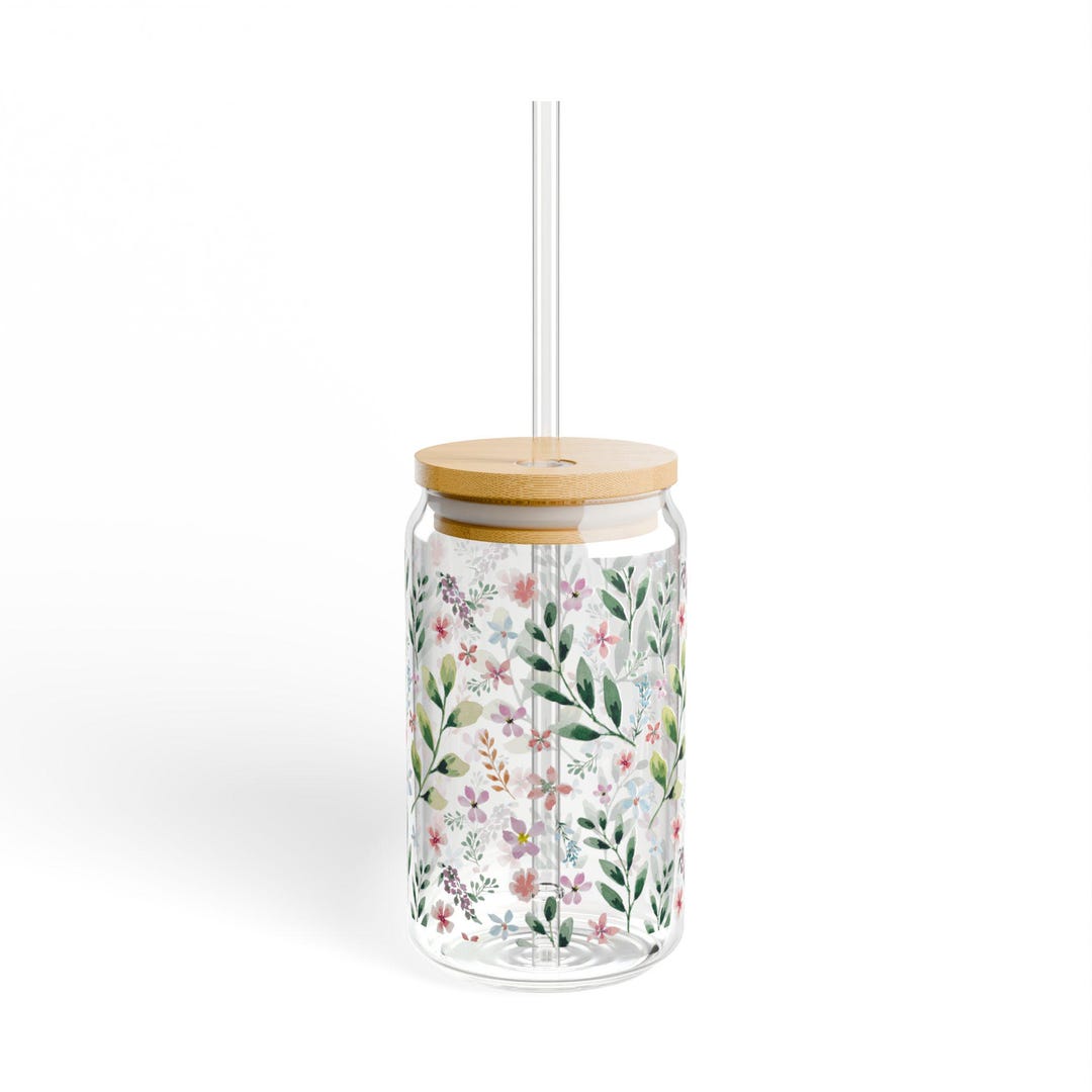 Watercolor Floral Sipper Glass, Eco-friendly Drinkware, 16oz Sipper ...